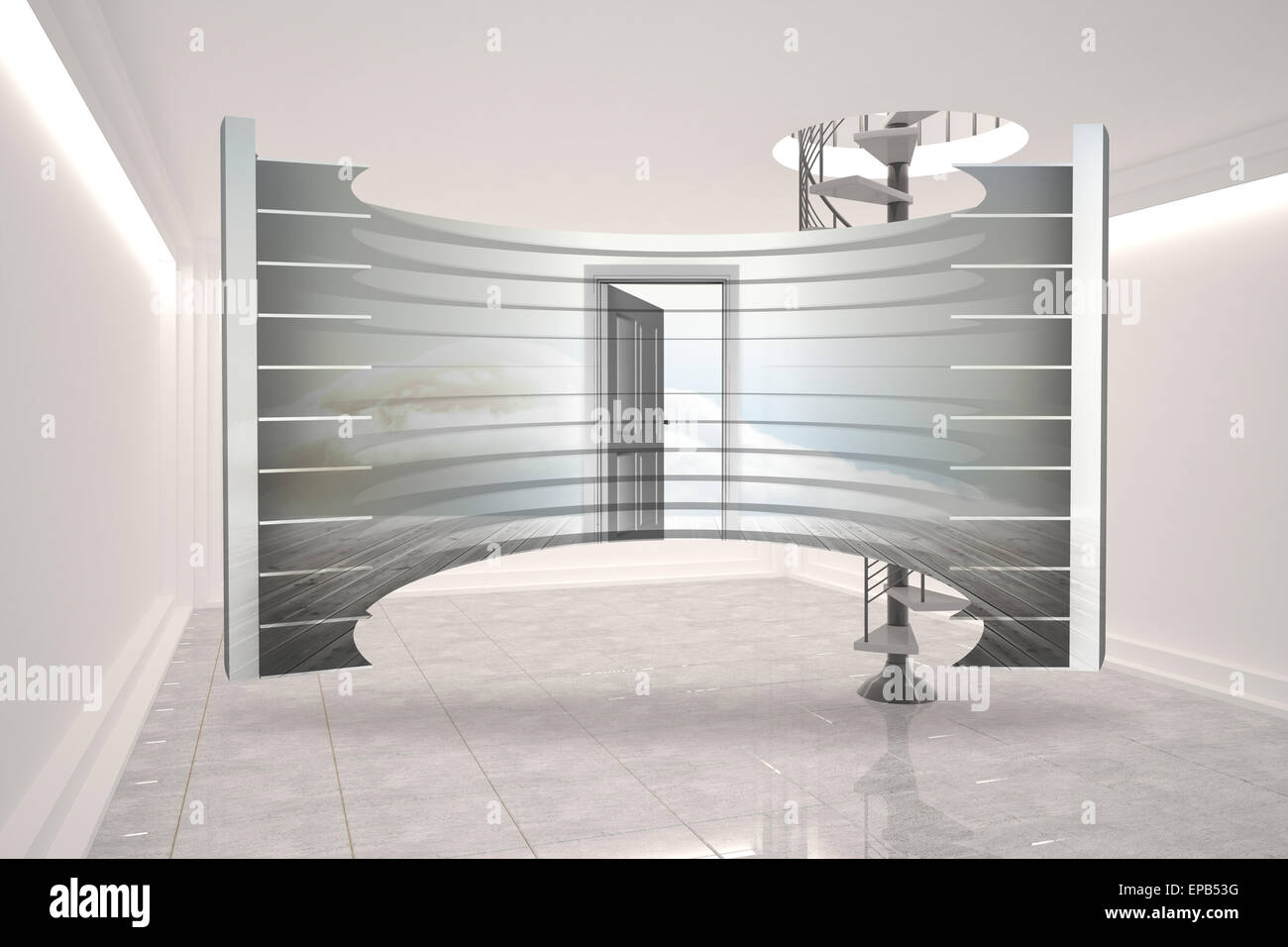 Winding staircase on abstract screen against grid and arrows on black ...