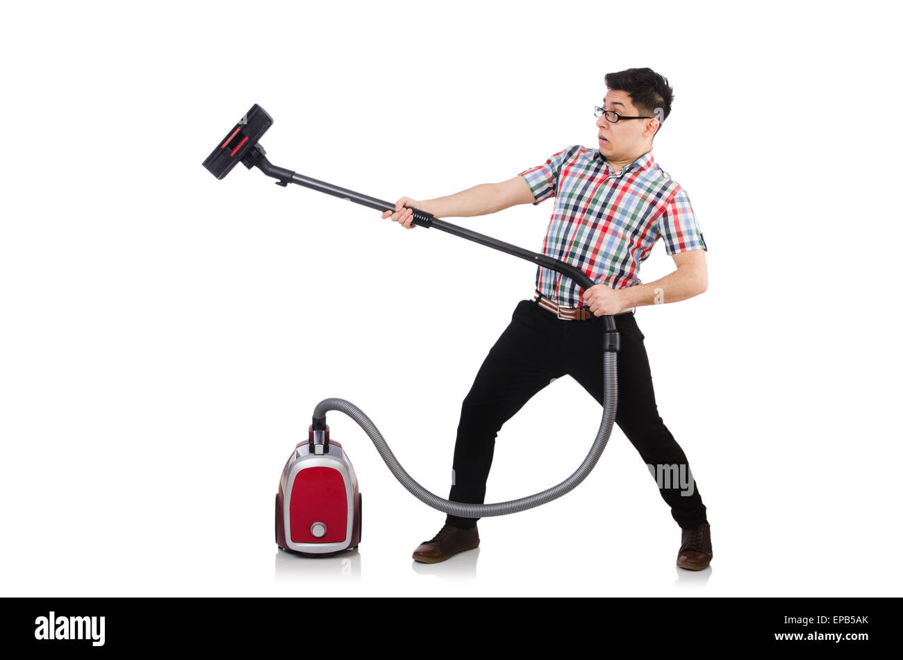 Funny man with vacuum cleaner on white Stock Photo - Alamy