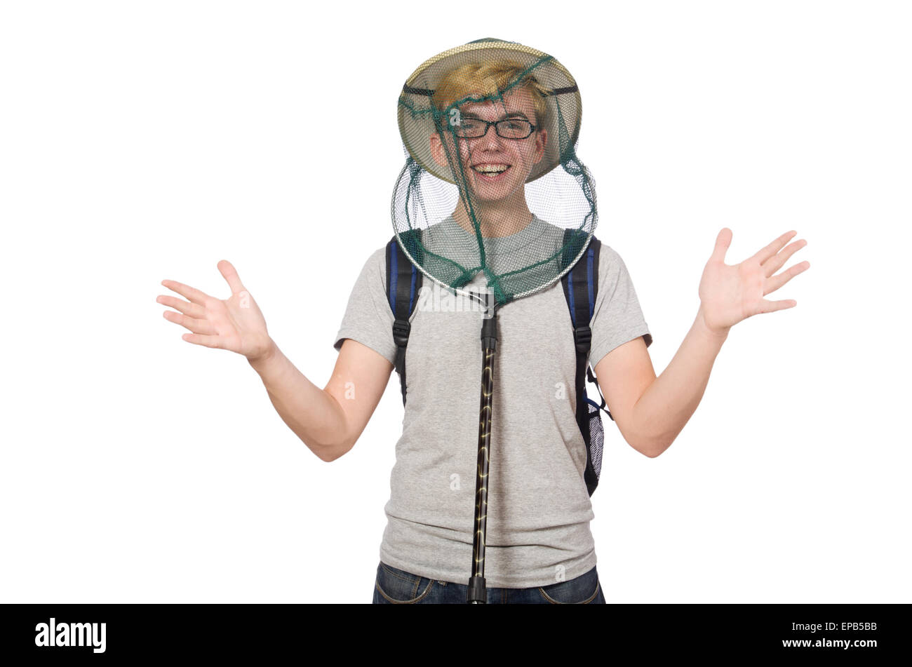 Funny guy with catching net on white Stock Photo - Alamy