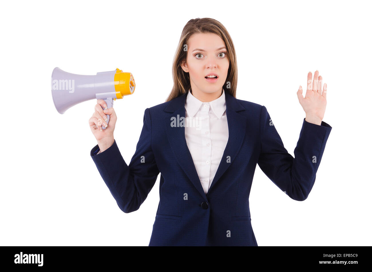 Woman with loudspeaker on white Stock Photo - Alamy