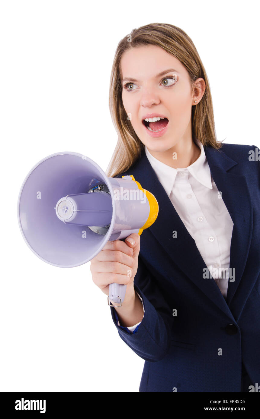 Woman with loudspeaker on white Stock Photo - Alamy