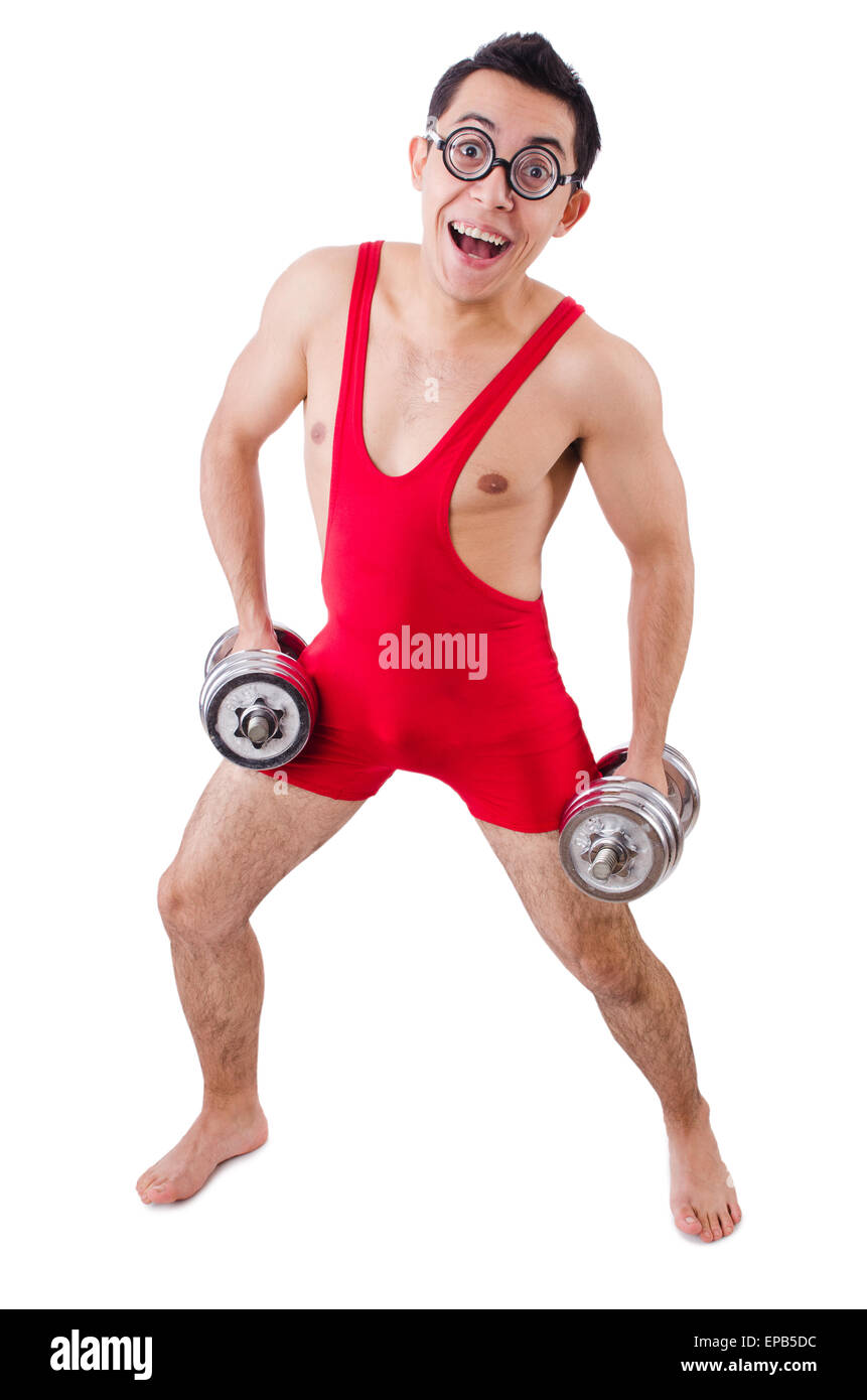 Funny guy with dumbbels on white Stock Photo - Alamy