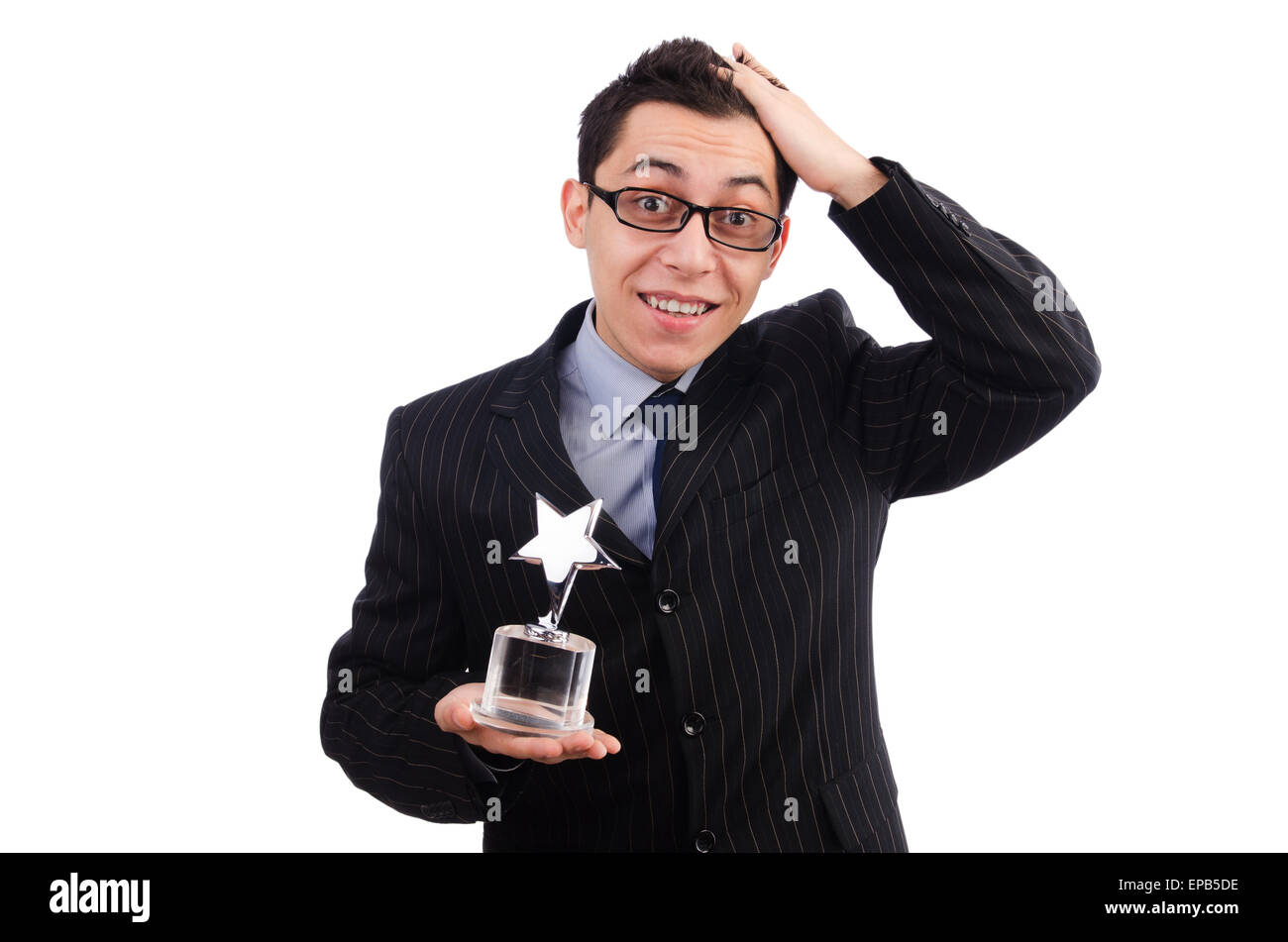 Funny guy receiving award on white Stock Photo - Alamy