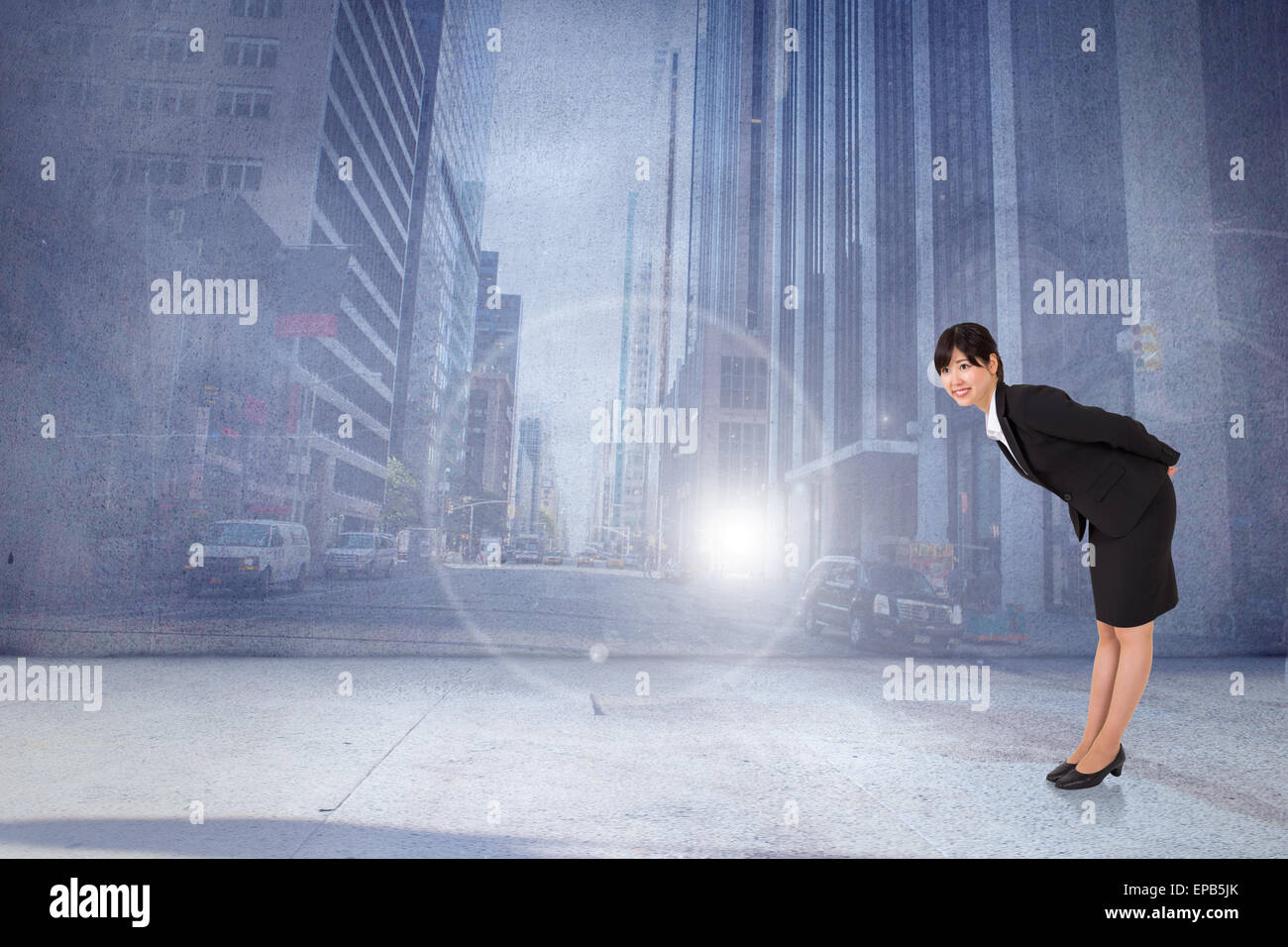 Composite image of smiling businesswoman bending Stock Photo - Alamy