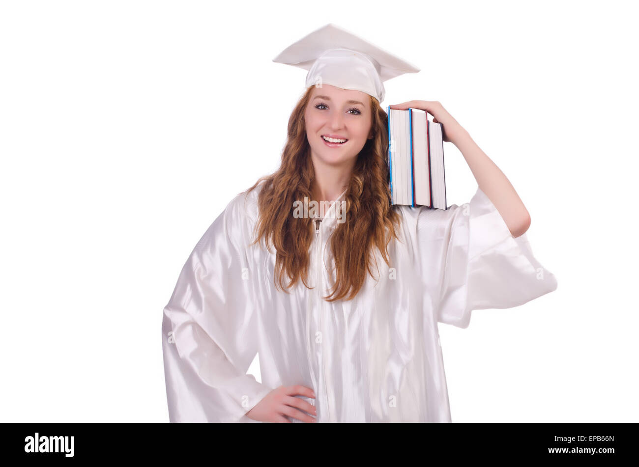 Graduate girl with books isolated on white Stock Photo - Alamy