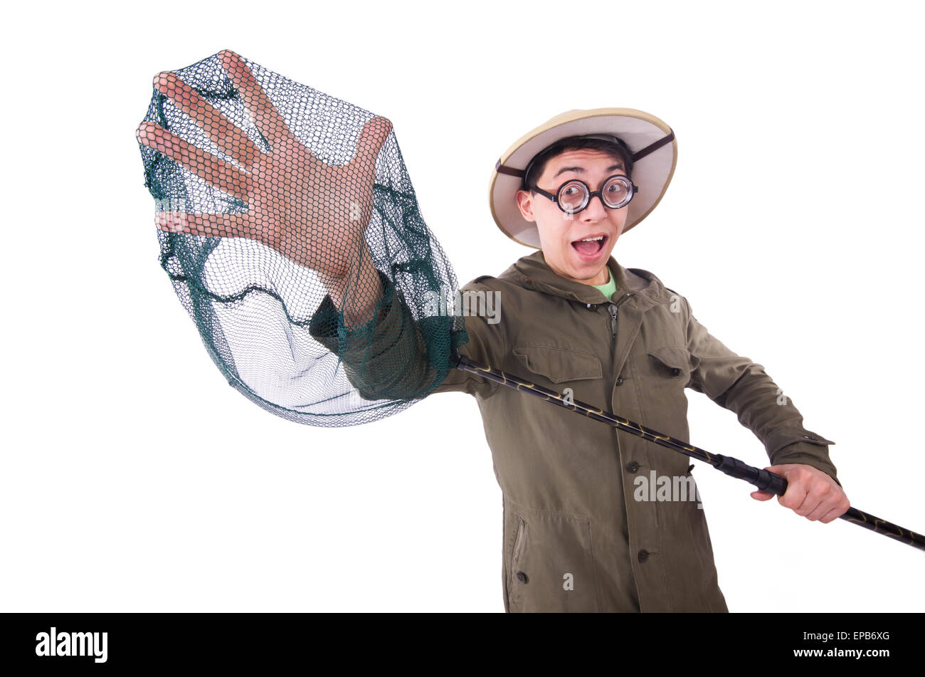 Funny guy with catching net on white Stock Photo - Alamy