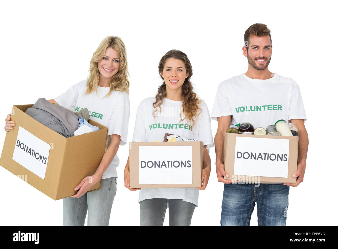 Portrait of three smiling young people with donation boxes Stock Photo ...