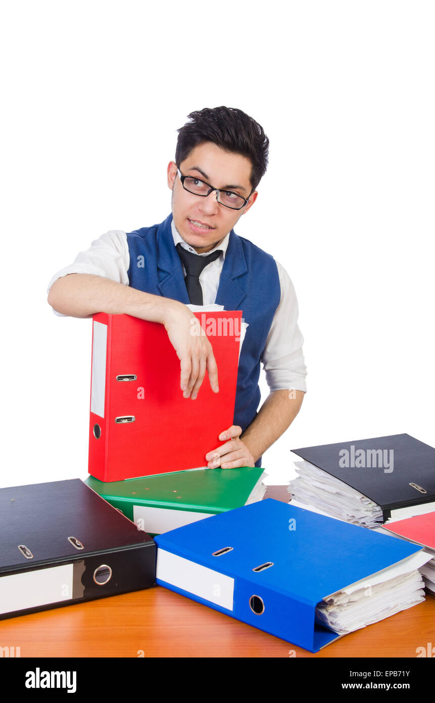 Funny man with lots of folders on white Stock Photo - Alamy
