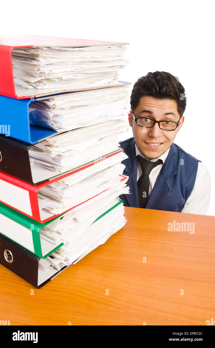 Funny man with lots of folders on white Stock Photo - Alamy