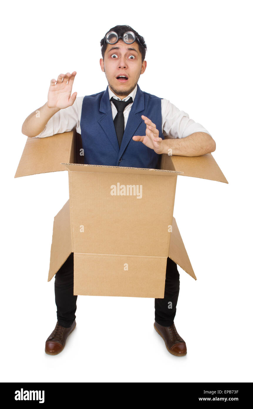 Man in thinking outside the box concept Stock Photo - Alamy