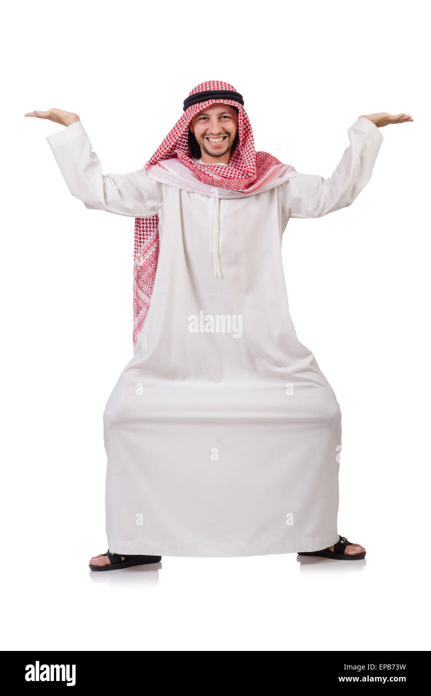 Arab man pushing away virtual obstacle isolated on white Stock Photo ...