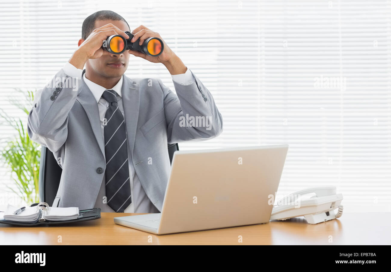 Businessman with binoculars in front of laptop at office Stock Photo ...