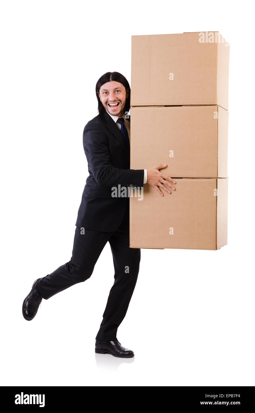 Funny man with boxes on white Stock Photo - Alamy