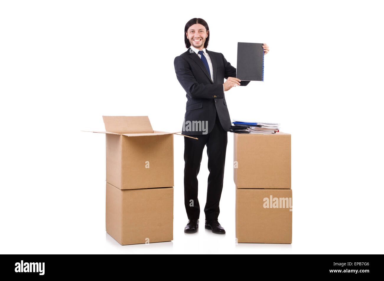 Man with boxes full of work Stock Photo - Alamy
