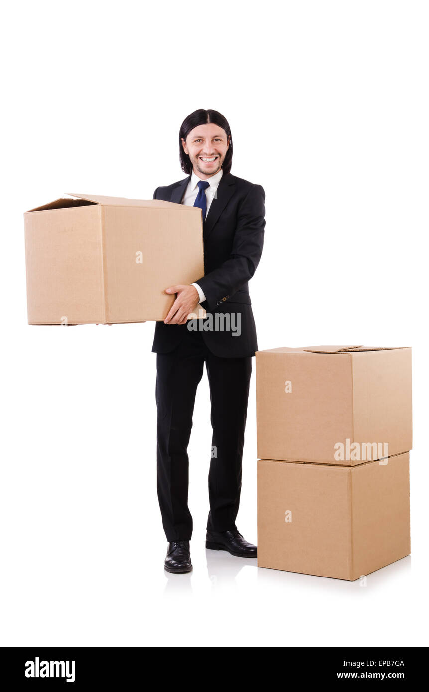 Funny man with boxes on white Stock Photo - Alamy