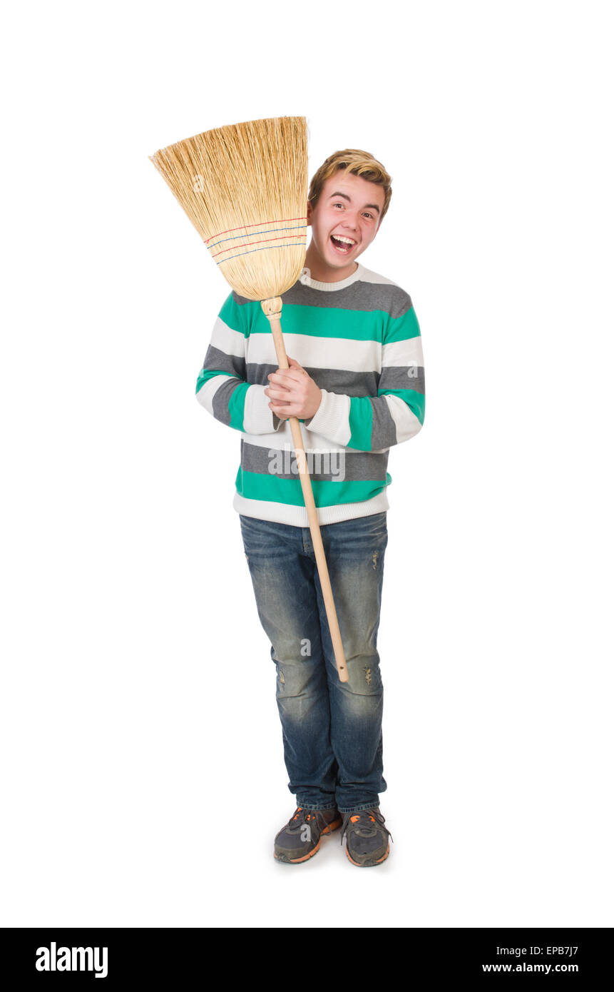 Funny man with mop isolated on white Stock Photo - Alamy