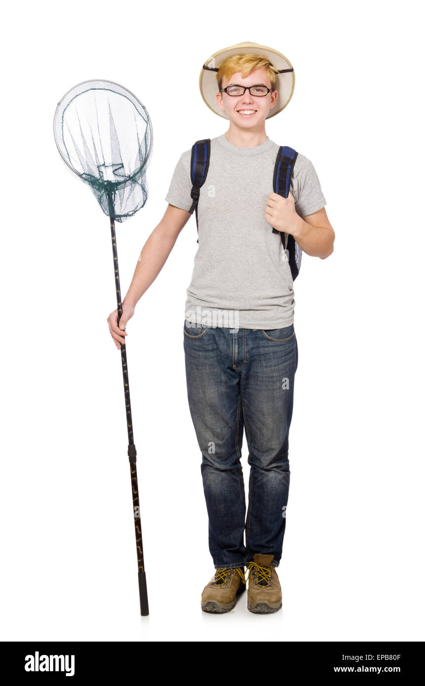 Funny guy with catching net on white Stock Photo - Alamy