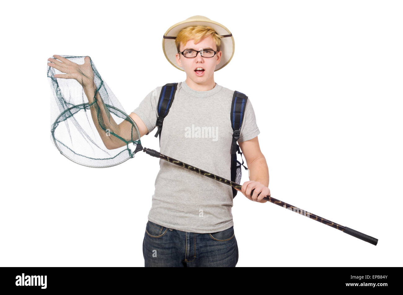Funny guy with catching net on white Stock Photo - Alamy