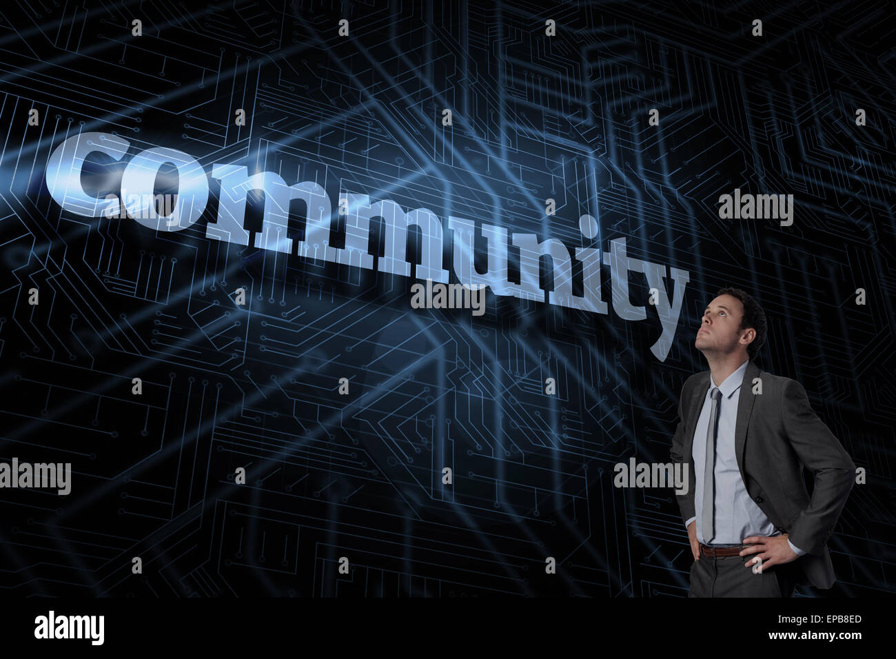 Community against futuristic black and blue background Stock Photo - Alamy
