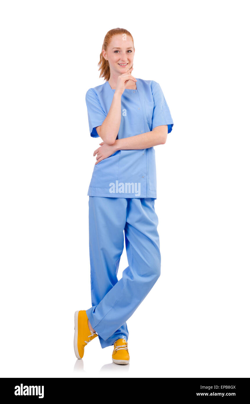 Pretty doctor in blue uniform isolated on white Stock Photo - Alamy