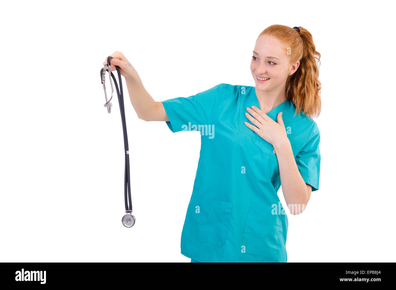 Young medical trainee with stethoscope isolated on white Stock Photo ...