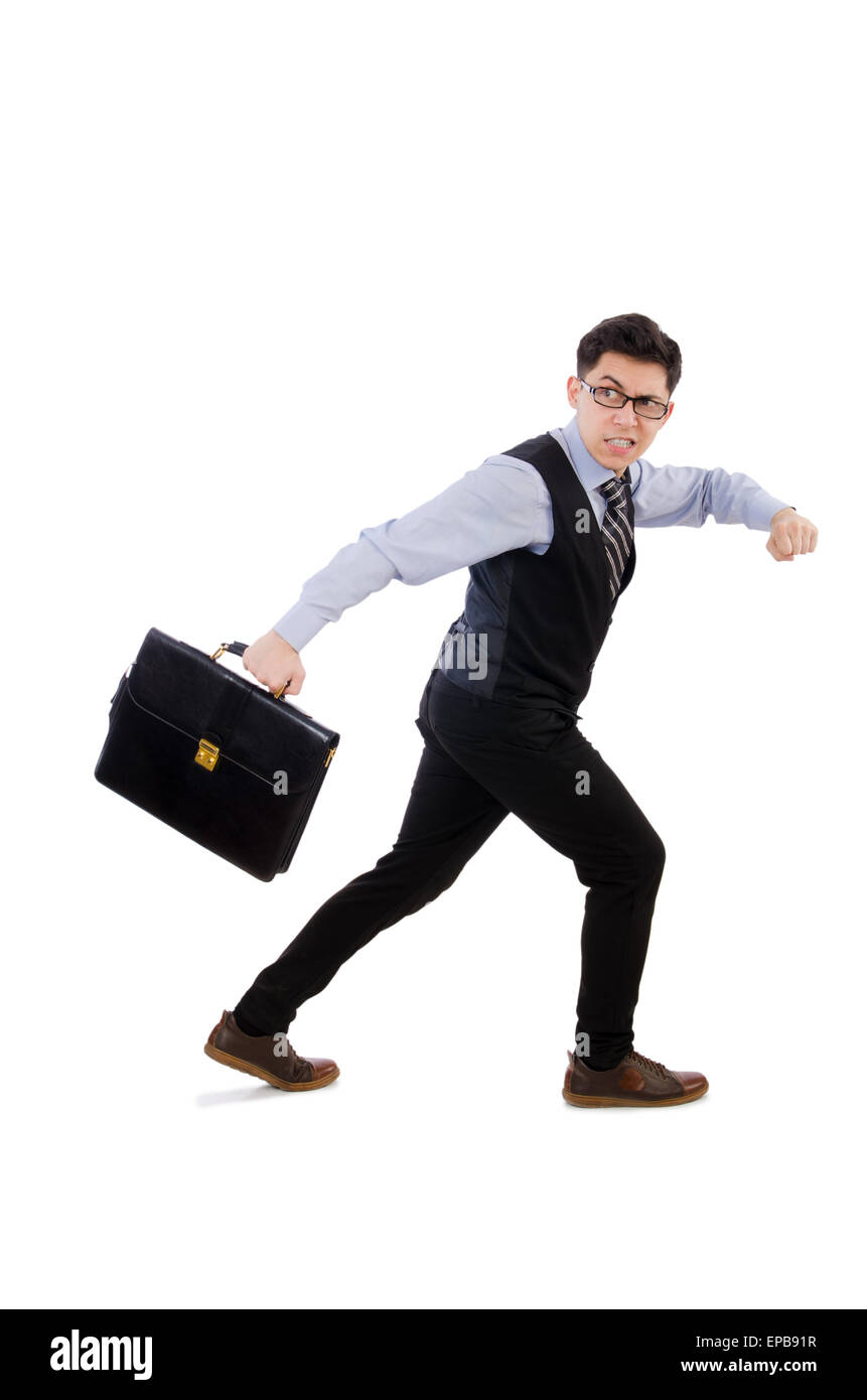 Funny businessman with briefcase isolated on white Stock Photo - Alamy