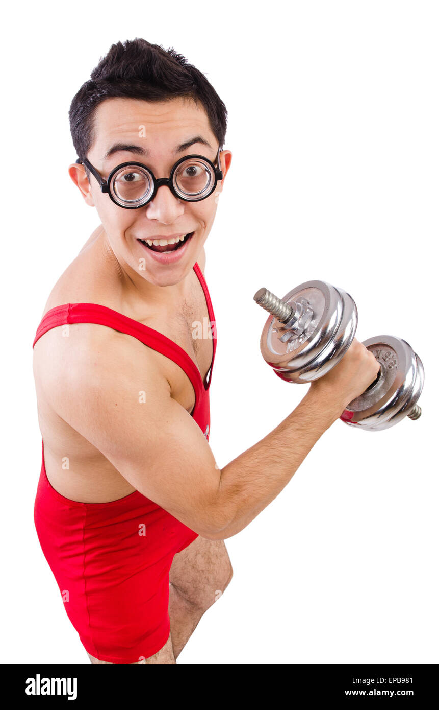 Funny guy with dumbbels on white Stock Photo - Alamy