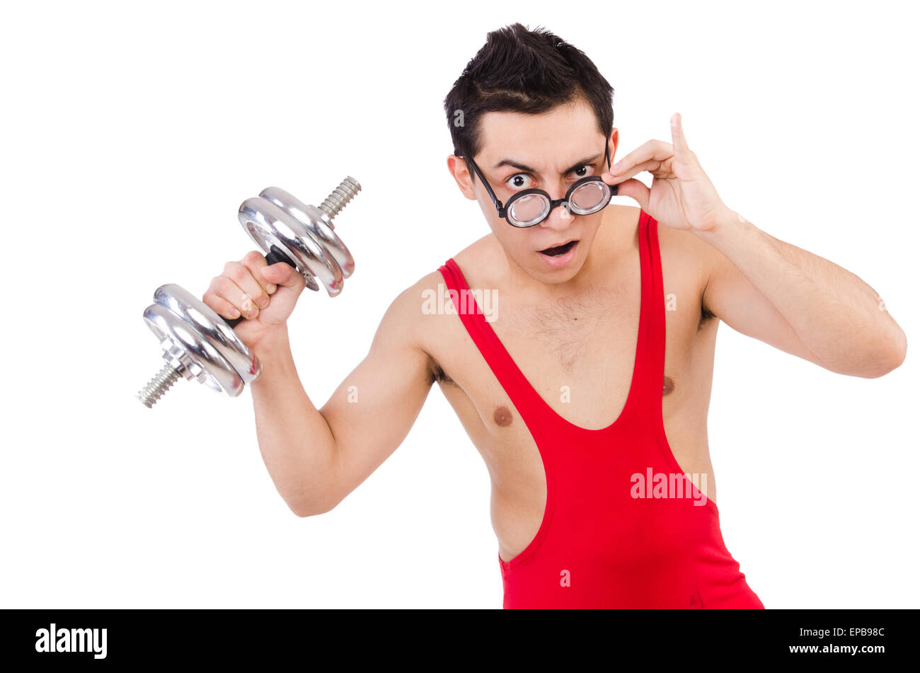 Funny guy with dumbbels on white Stock Photo - Alamy