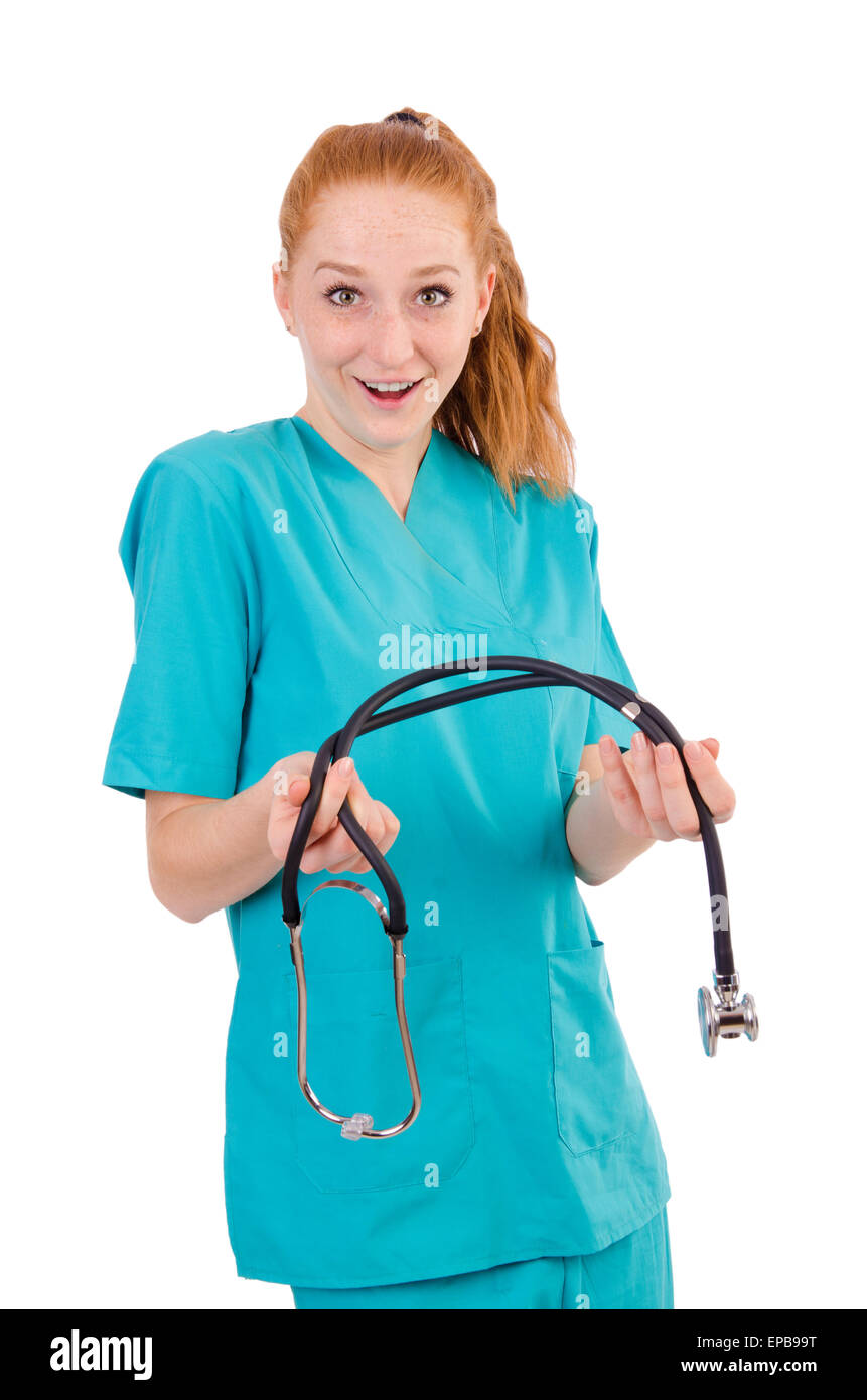 Young medical trainee with stethoscope isolated on white Stock Photo ...
