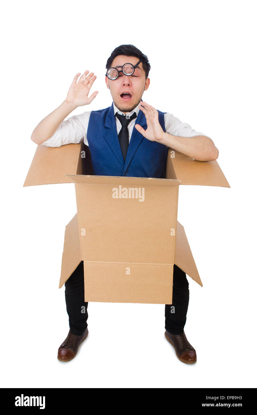Man in thinking outside the box concept Stock Photo - Alamy