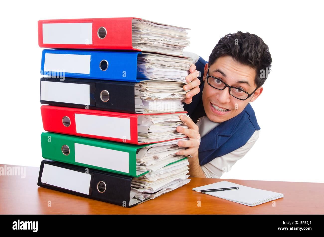 Funny man with lots of folders on white Stock Photo - Alamy