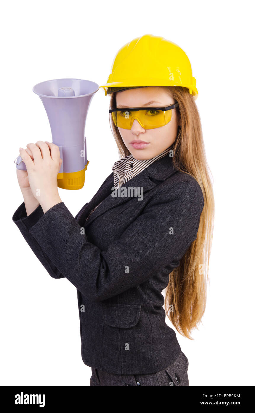 Female construction worker with loudspeaker isolated on white Stock ...