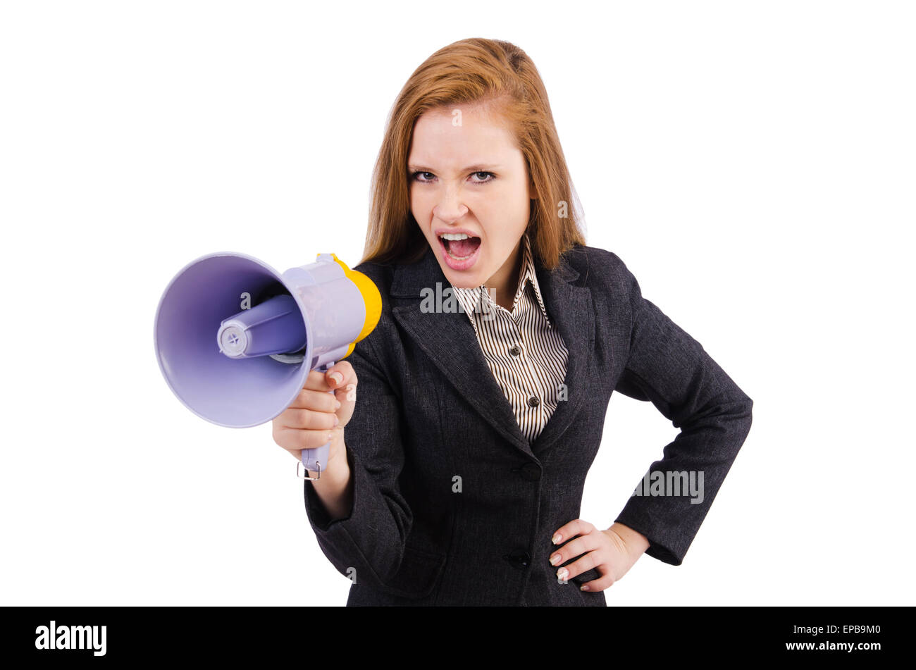 Woman with loudspeaker isolated on the white Stock Photo - Alamy