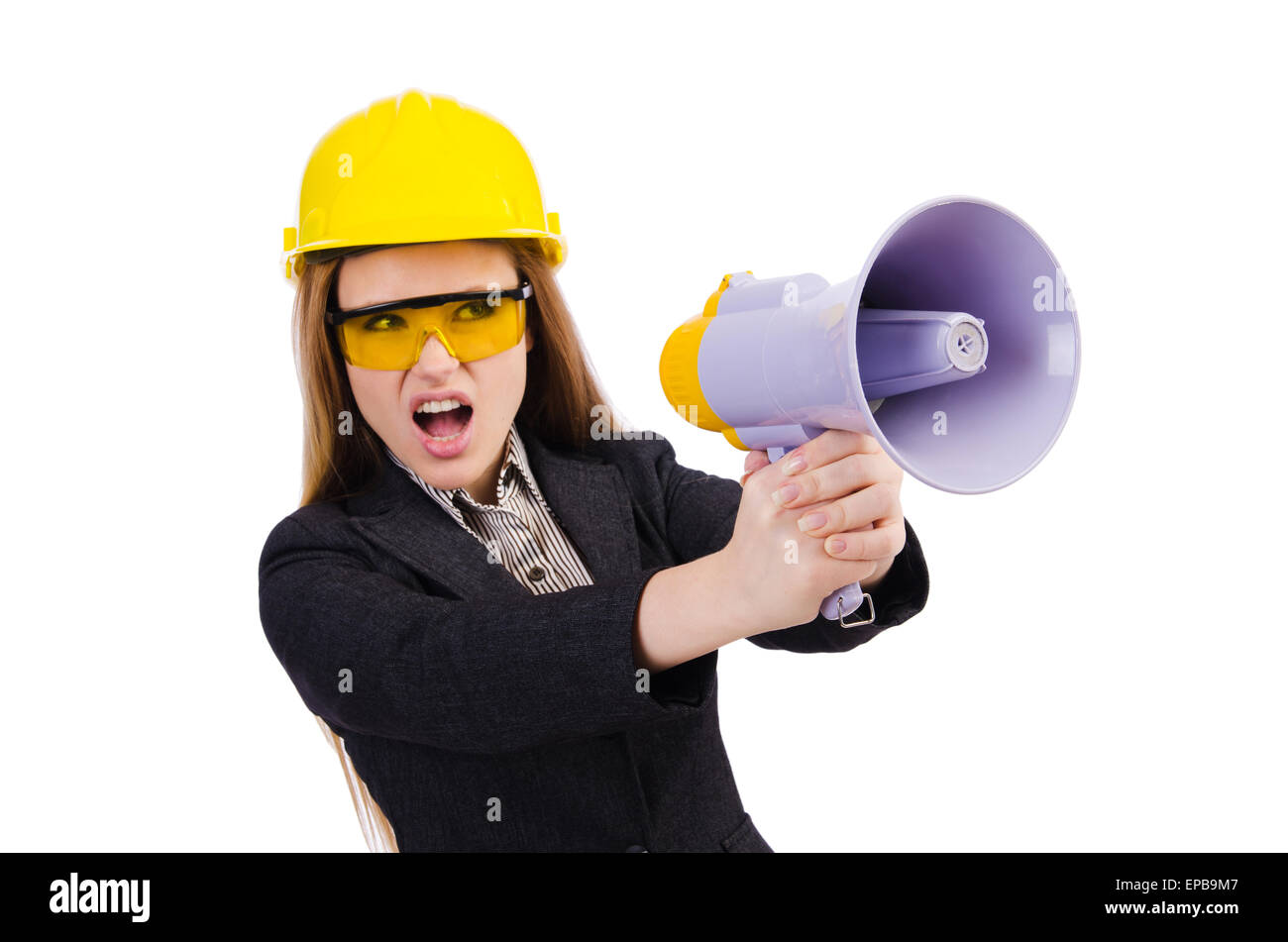 Female construction worker with loudspeaker isolated on white Stock ...
