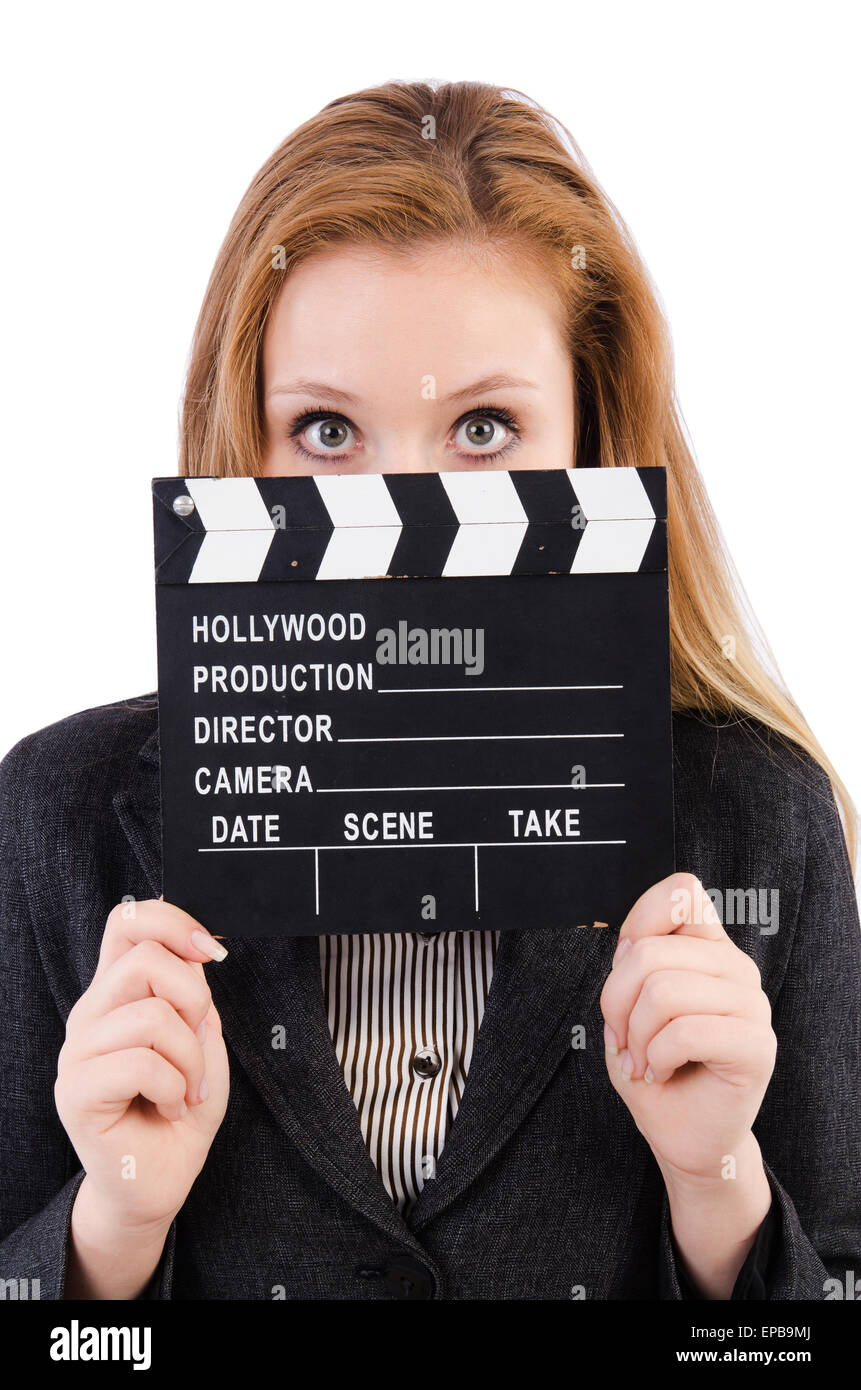 Woman with movie board isolated on white Stock Photo - Alamy