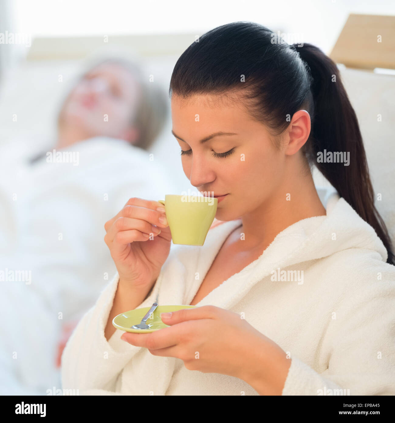 Woman drink coffee at spa Stock Photo - Alamy