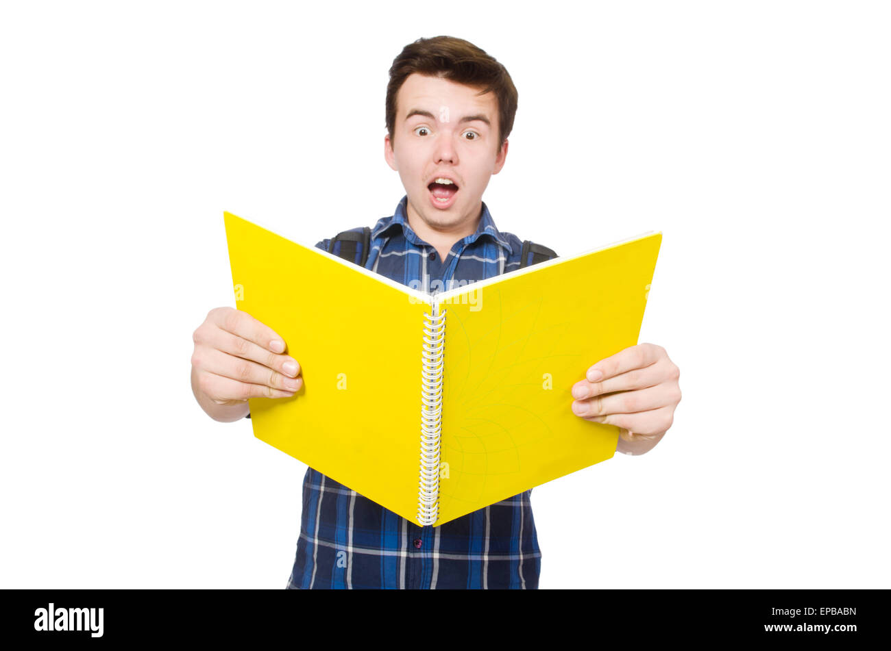 Young student with book on white Stock Photo - Alamy