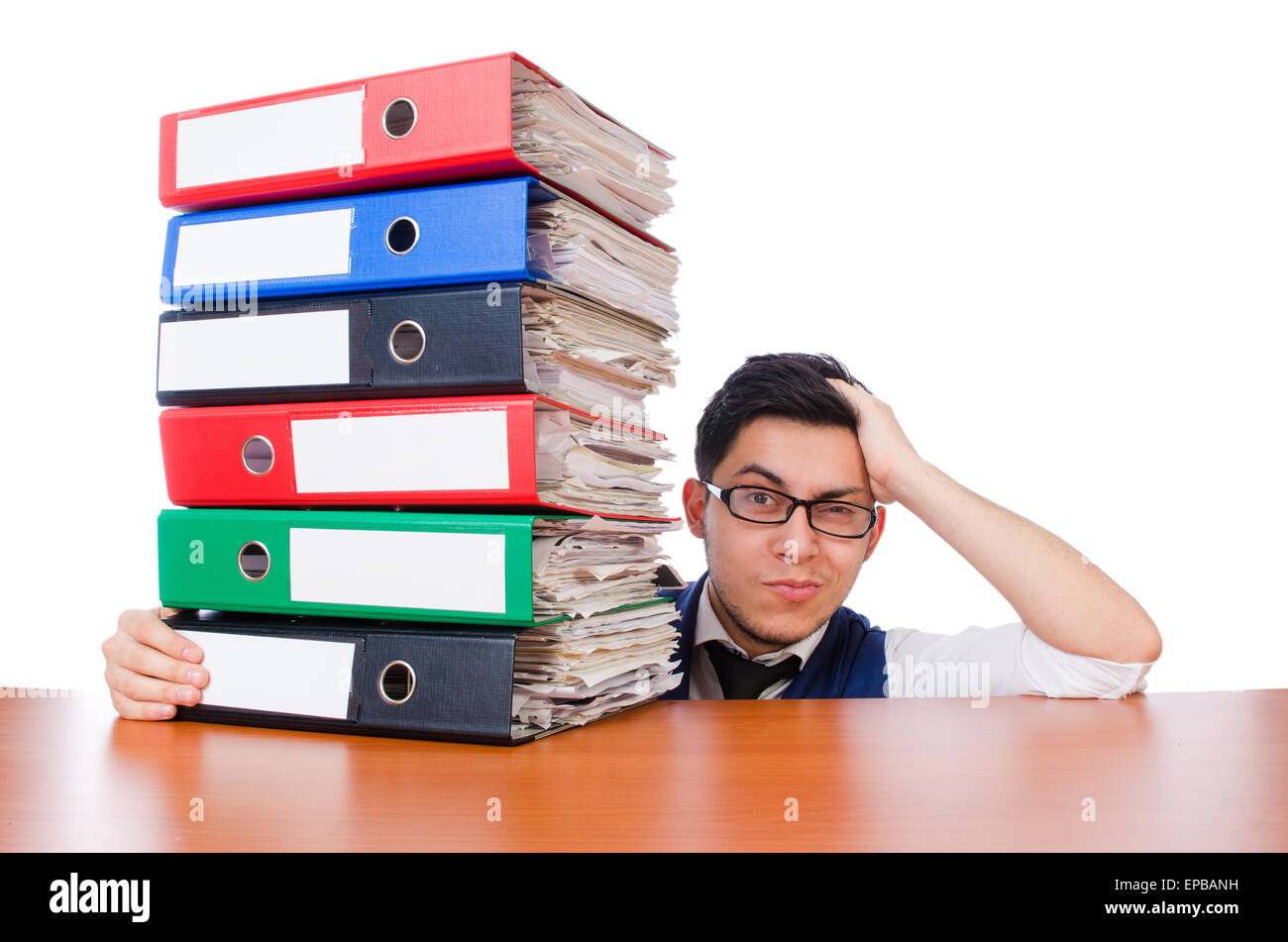 Funny man with lots of folders on white Stock Photo - Alamy