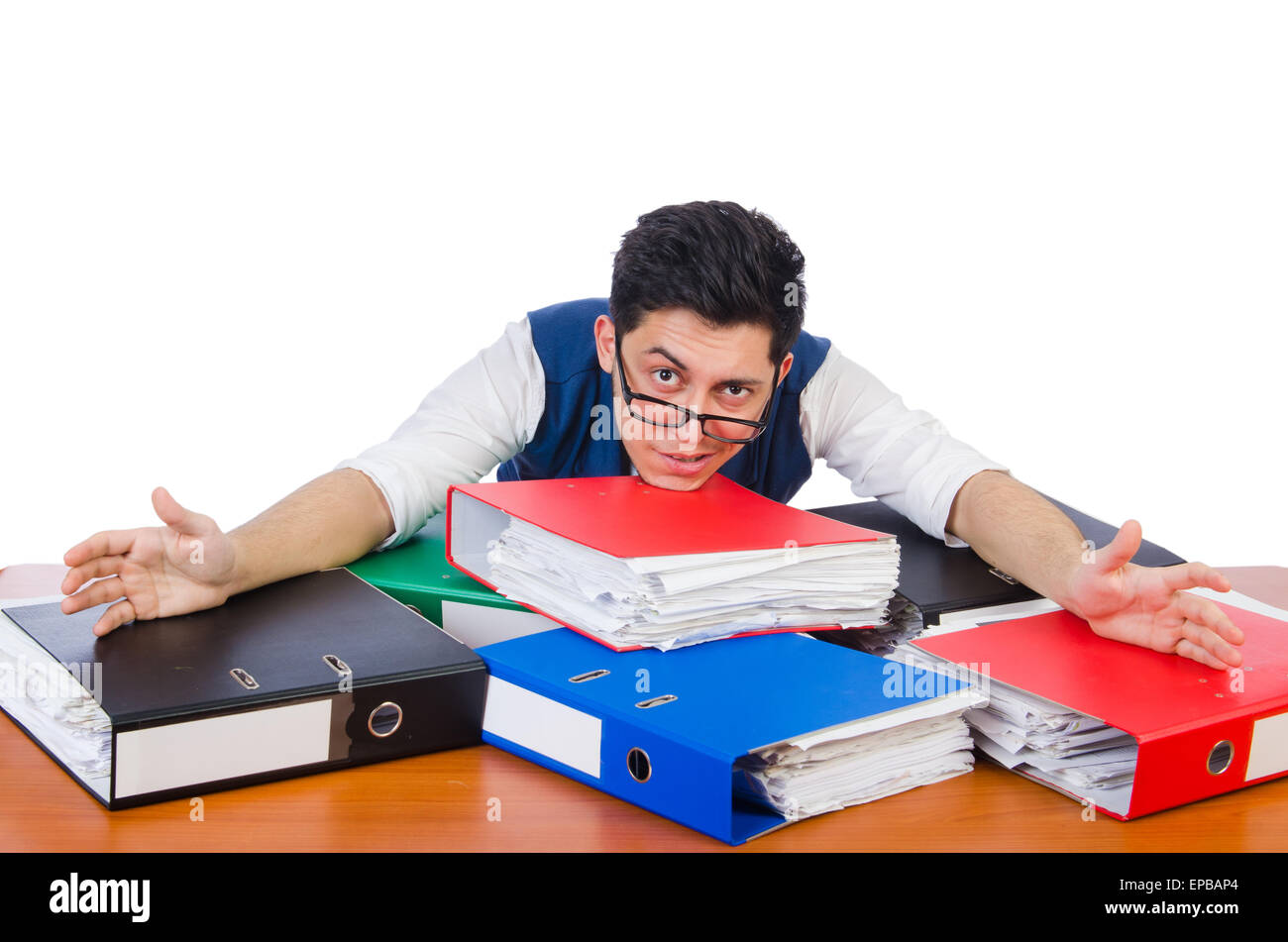 Funny man with lots of folders on white Stock Photo - Alamy