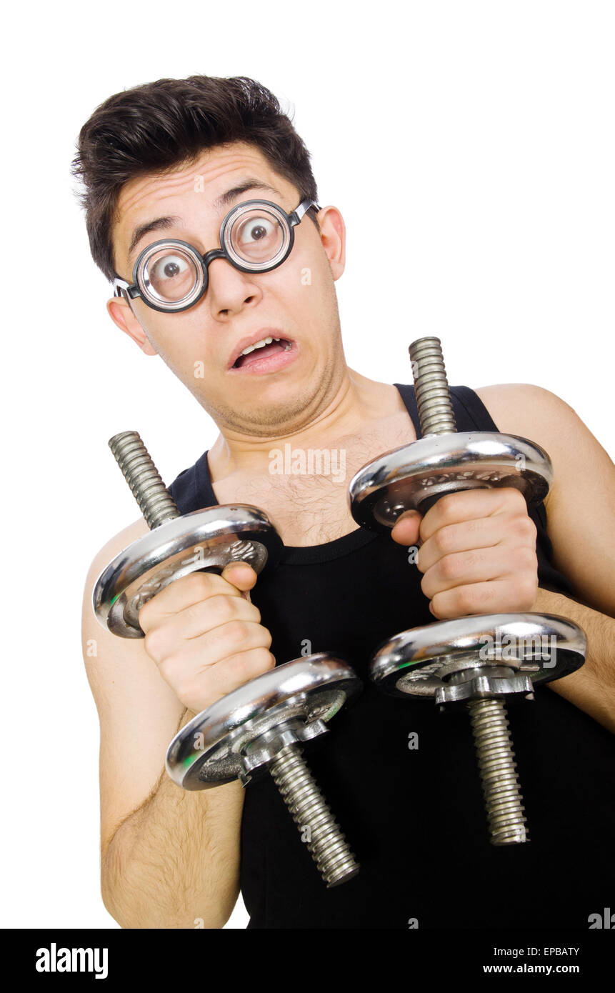 Man with dumbbells isolated on white Stock Photo - Alamy