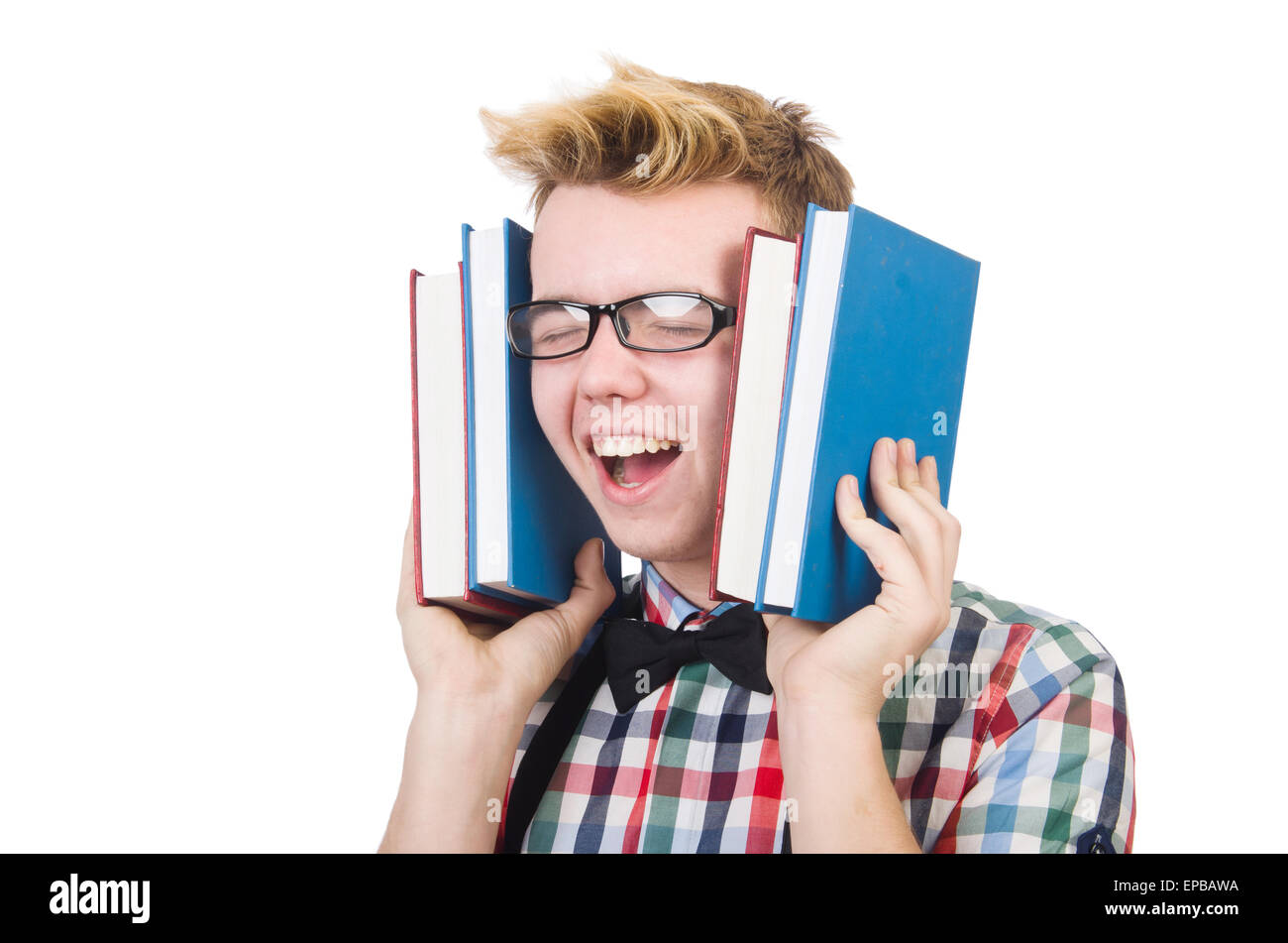 Funny student with stack of books Stock Photo - Alamy