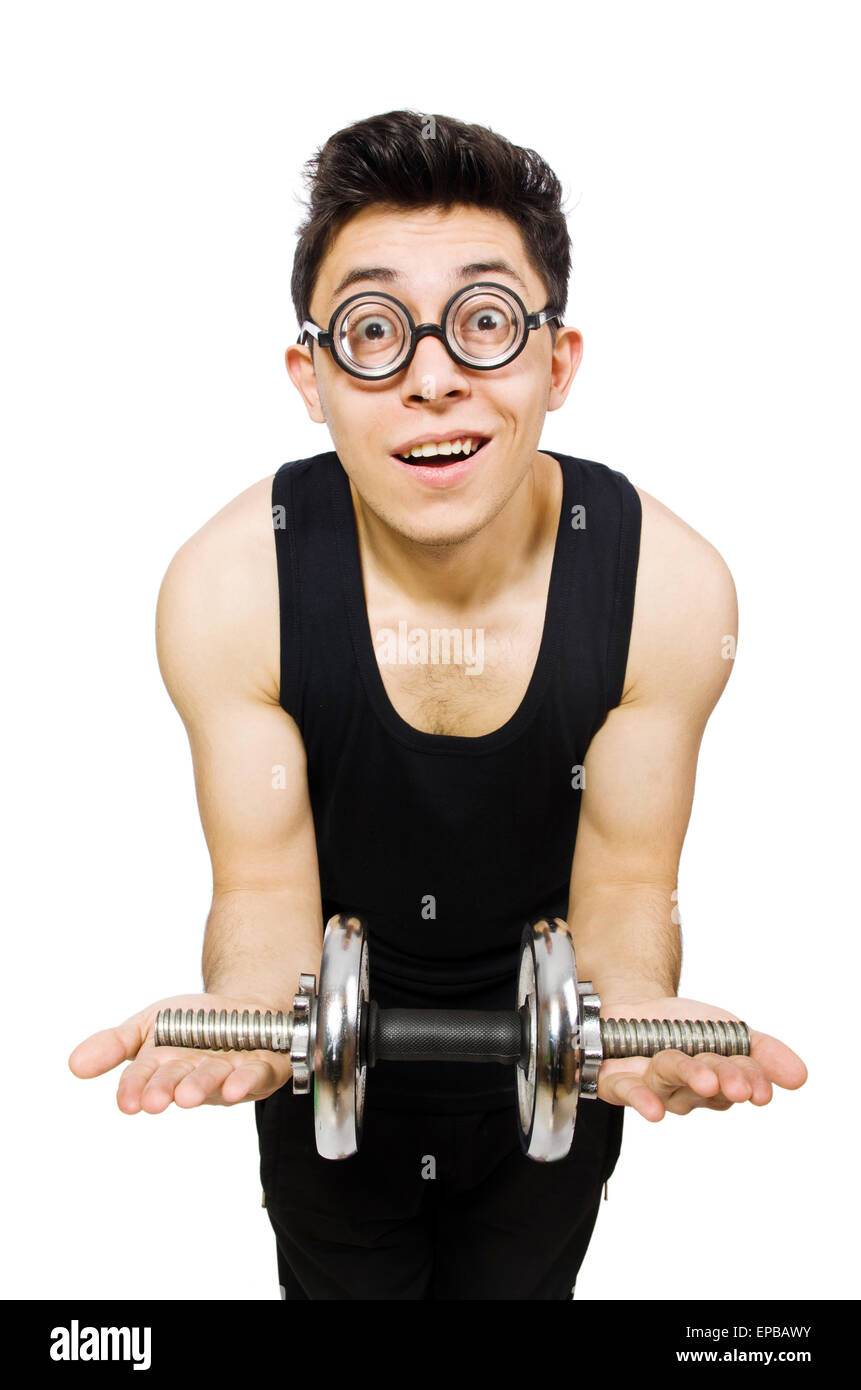 Man with dumbbells isolated on white Stock Photo - Alamy