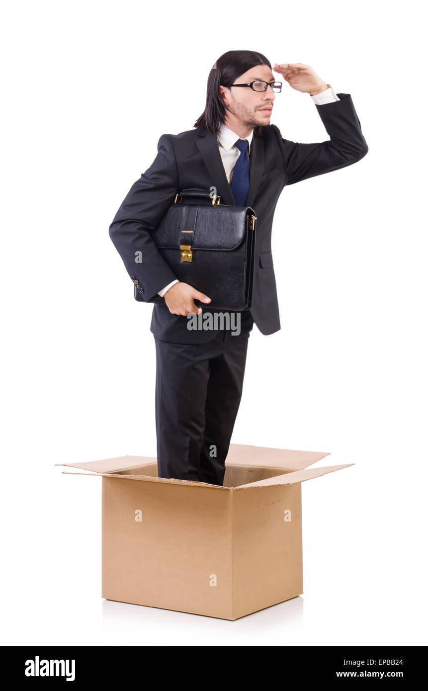 Man in thinking out of the box concept Stock Photo - Alamy