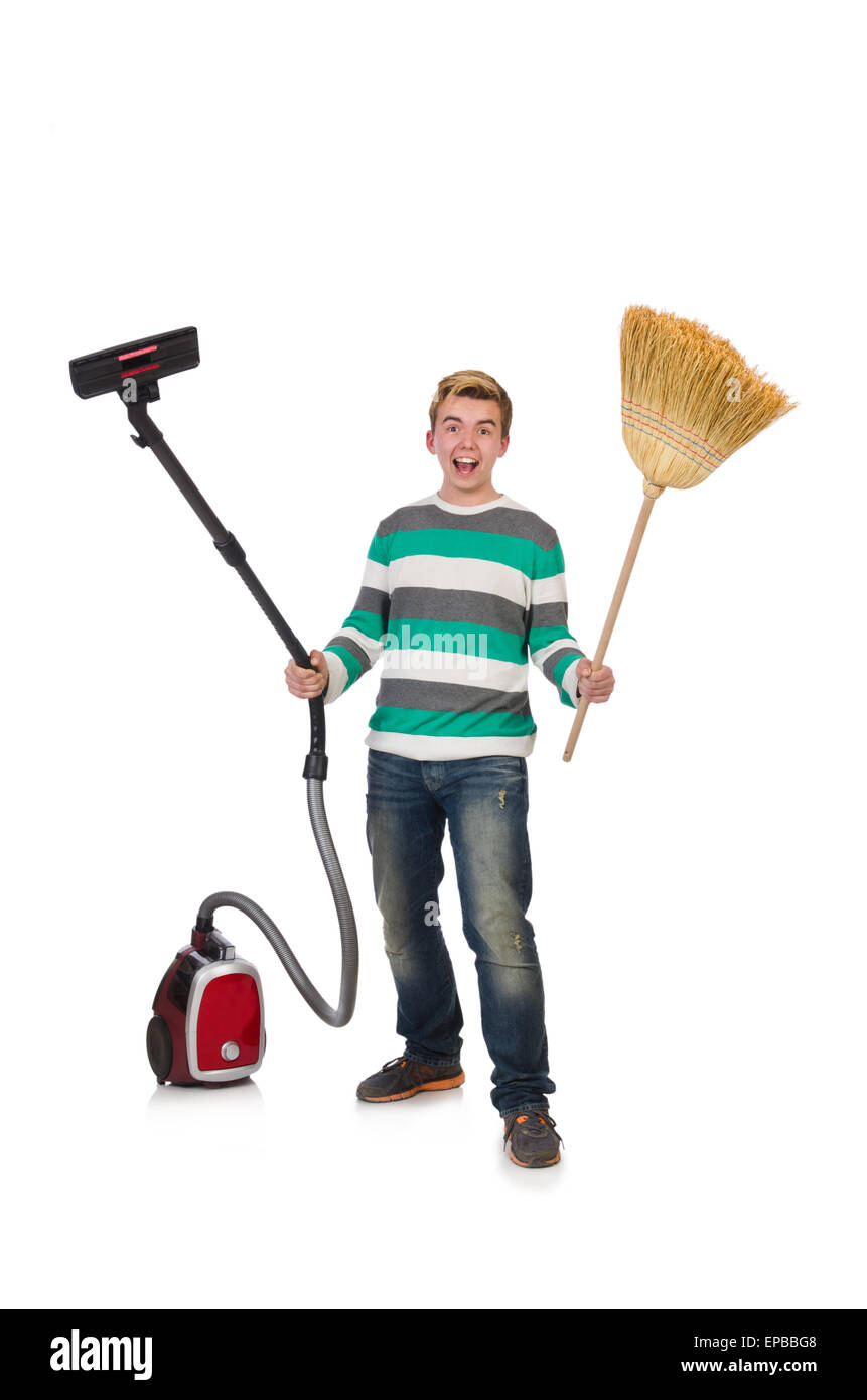 Man with vacuum cleaner and broom on white Stock Photo - Alamy