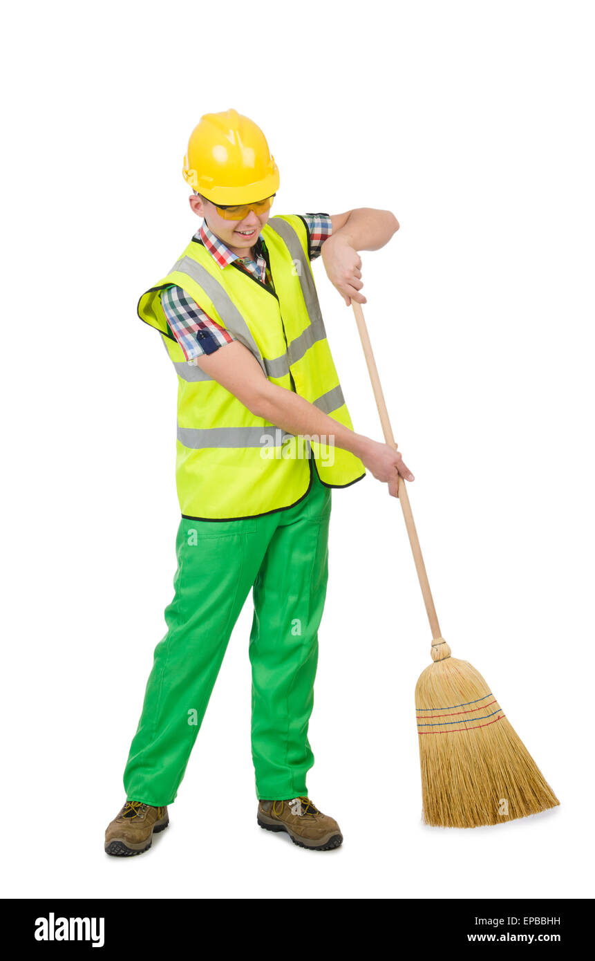 Funny janitor with broom isolated on white Stock Photo - Alamy