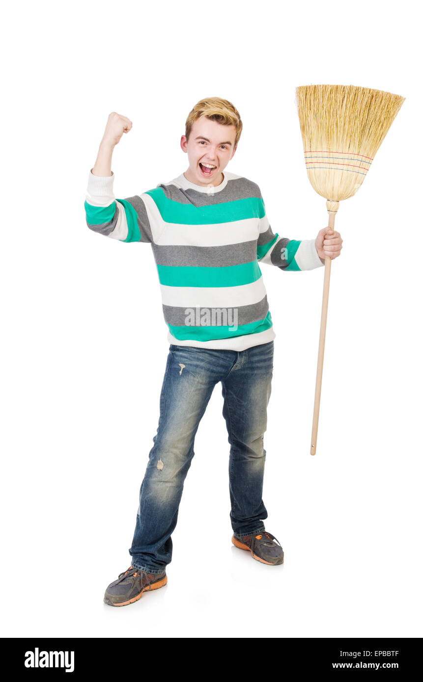 Funny man with mop isolated on white Stock Photo - Alamy