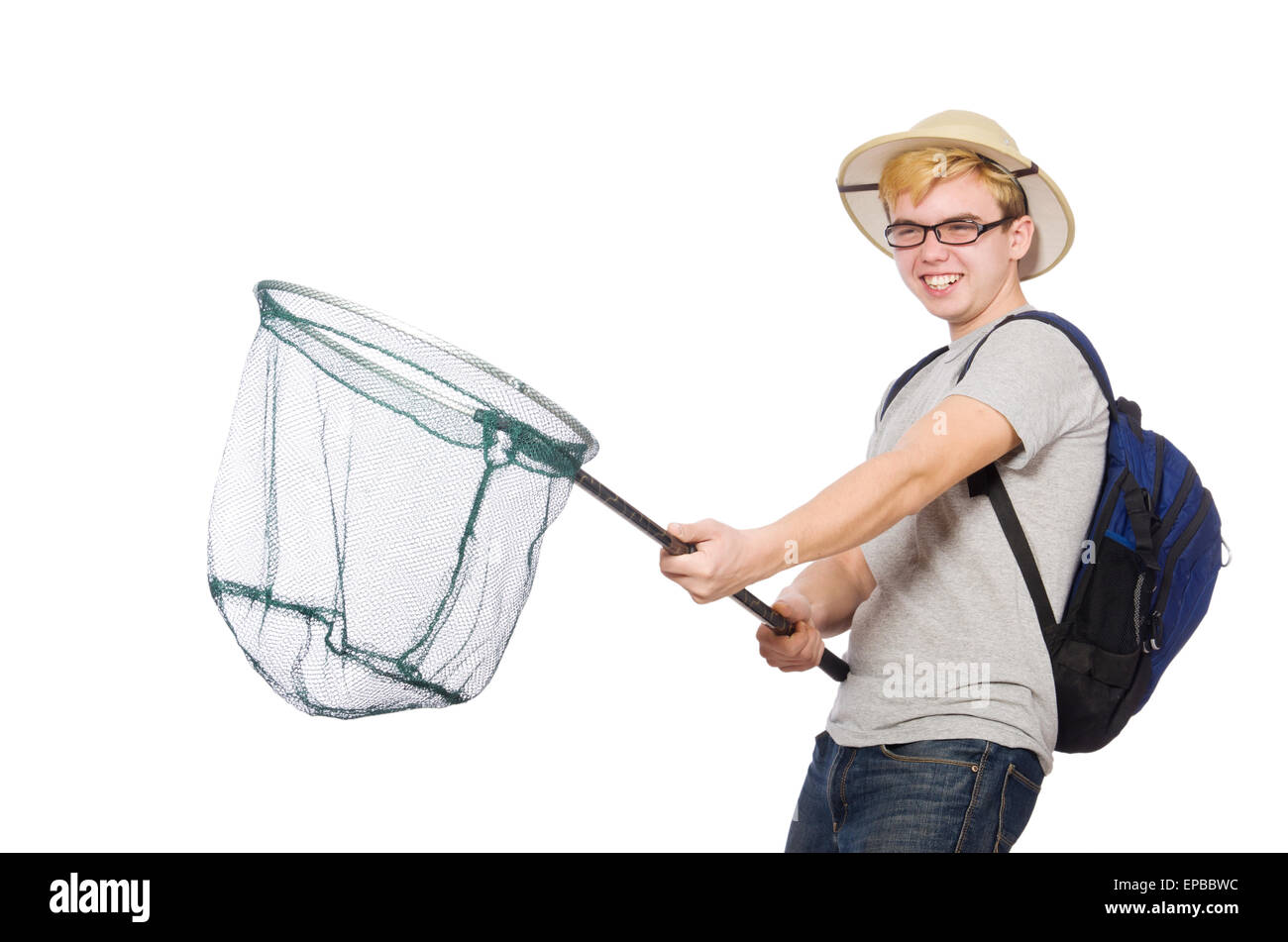Funny guy with catching net on white Stock Photo - Alamy