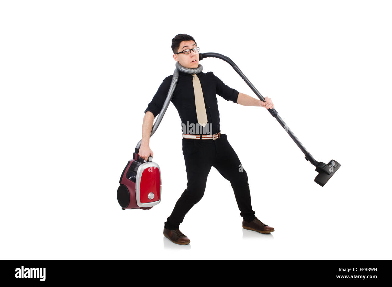 Man with vacuum cleaner isolated on white Stock Photo - Alamy