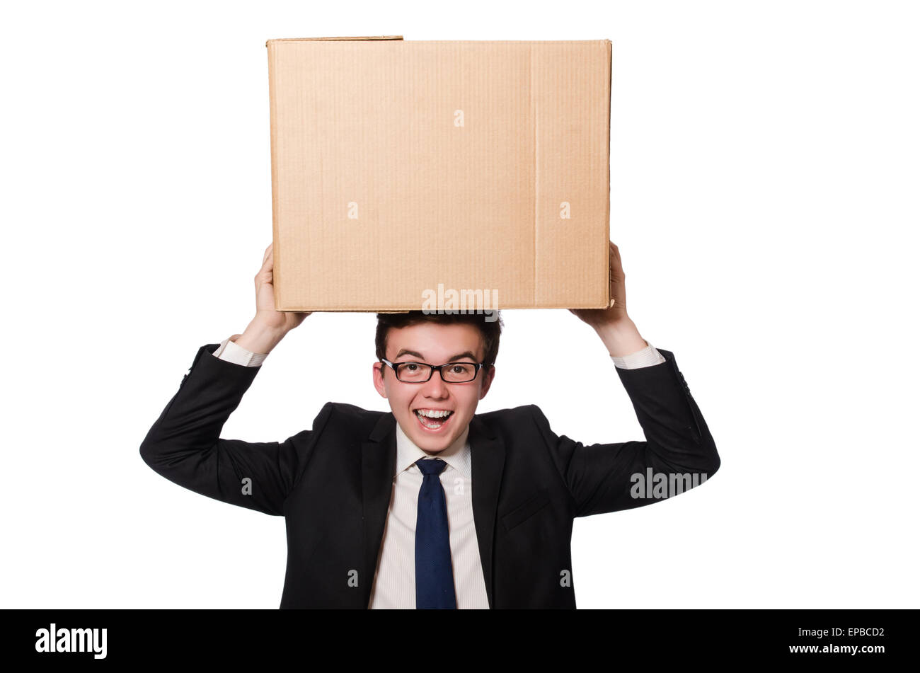 Funny man with boxes isolated on white Stock Photo - Alamy