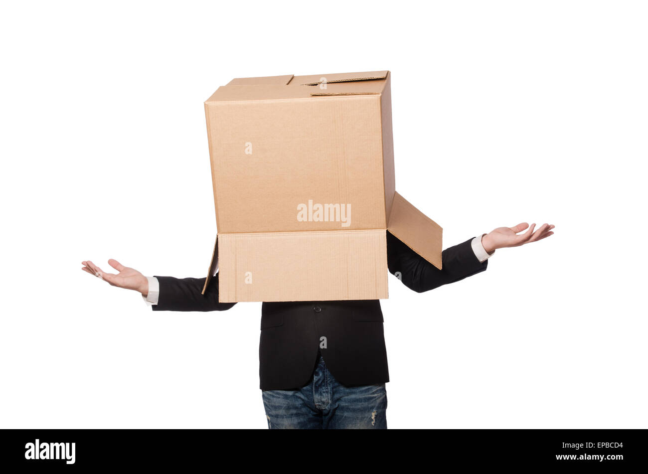 Funny man with boxes isolated on white Stock Photo - Alamy
